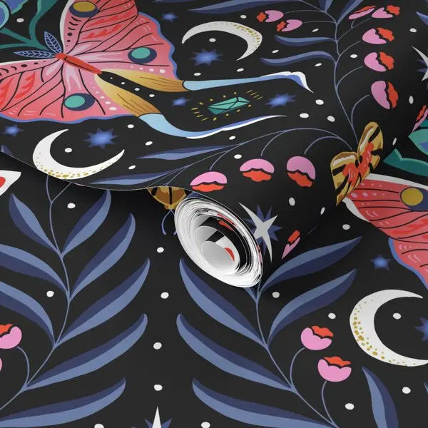 Spoonflower Moth Damask Butterfly Dark Night Garden Custom Pre-pasted Wallpaper - Black,pink,blue