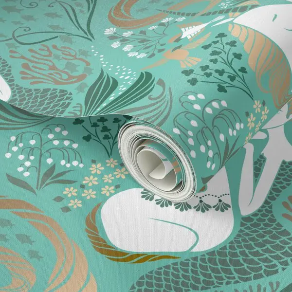 Spoonflower Green Mermaid Unicorn Adriatic Underwater Custom Removable Wallpaper - Green,blue,mint