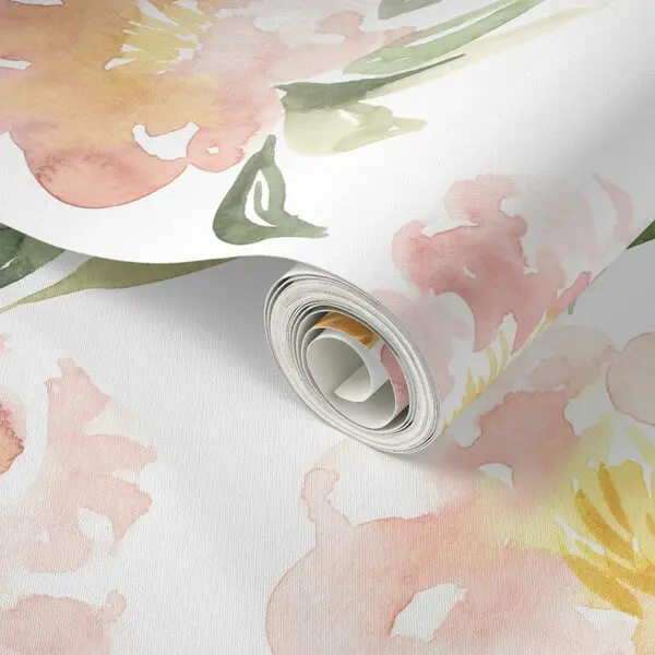 Spoonflower Pink Flowers Leaves Bloom Floral Nature Traditional Wallpaper - Gray,green,brown