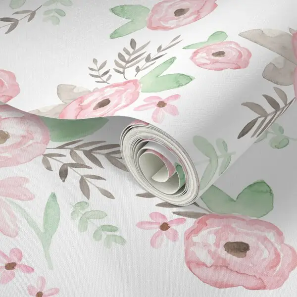 Spoonflower Floral Pink Eucalyptus Nursery Blush Watercolor Custom Pre-pasted Wallpaper - Pink,green,white