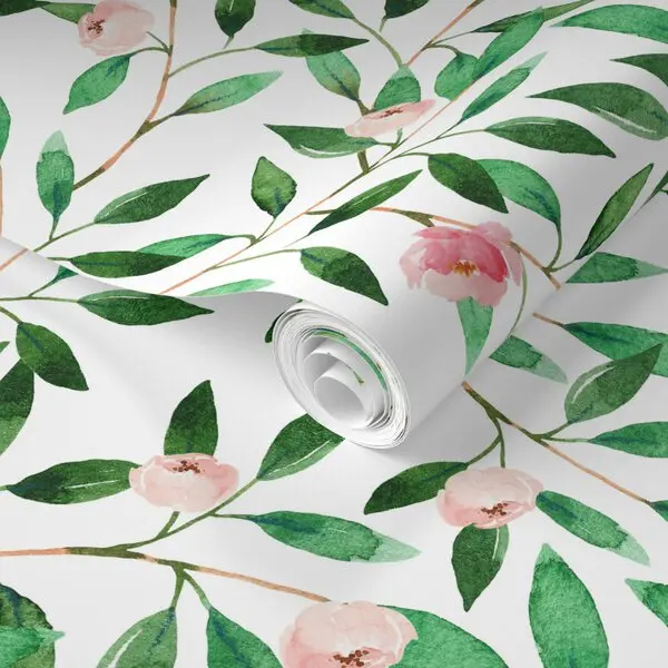 Spoonflower Floral Elephant Leaves Roses Flowers Pink Garden Traditional Wallpaper - Green,pink,mint