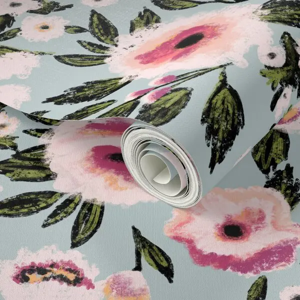 Spoonflower Bloom Plum Blue Florals Blossom Custom Pre-pasted Wallpaper - Blue,pink,gray