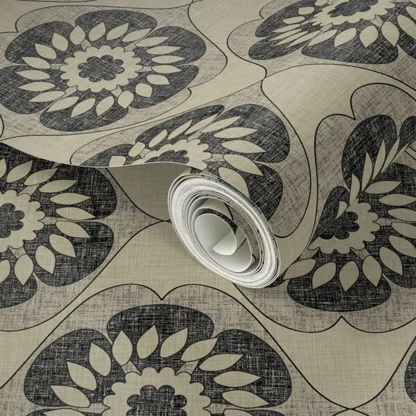 Spoonflower Vintage Flowers Boho Bohemian Black Brown Beige Custom Removable Wallpaper - Brown,black,gray