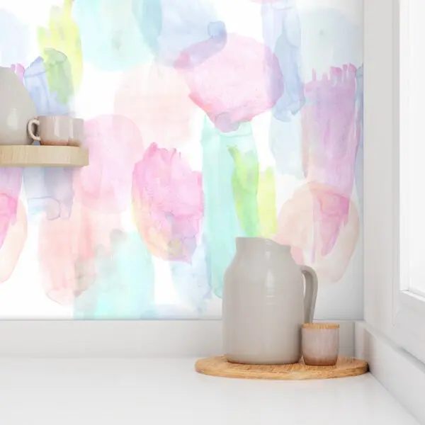 Spoonflower Watercolor Abstract Pastel Stars Custom Removable Wallpaper - Rainbow