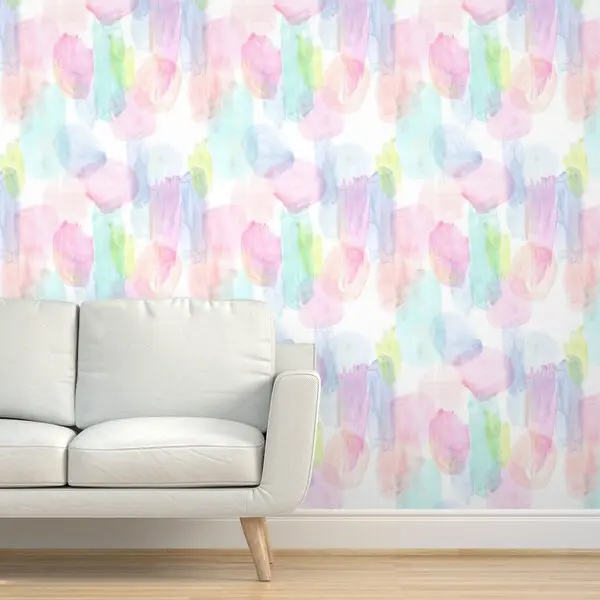 Spoonflower Watercolor Abstract Pastel Stars Custom Removable Wallpaper - Rainbow