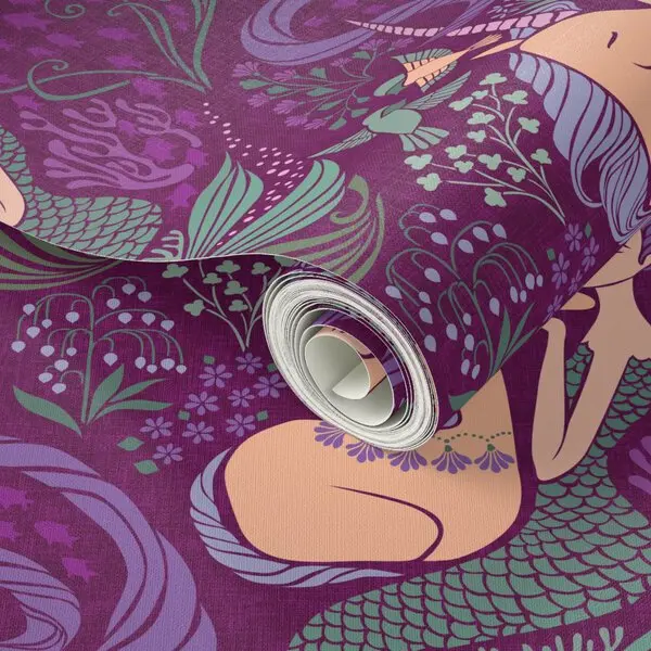 Spoonflower Mermaid Unicorn Mythical Purple Storytelling Custom Removable Wallpaper - Purple,pink
