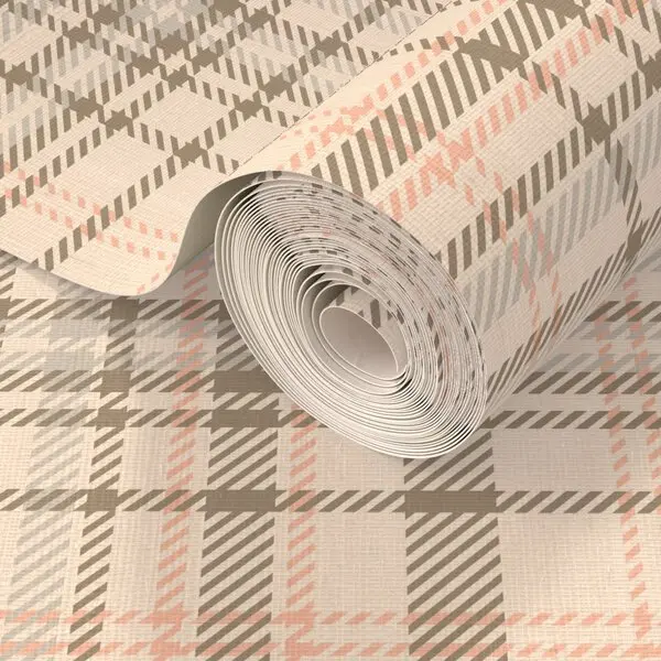 Spoonflower Plaid Crossover: Desert Cream Tan Sunset Pink 100% Natural Sisal Grasscloth Wallcovering - Gray,tan,pink
