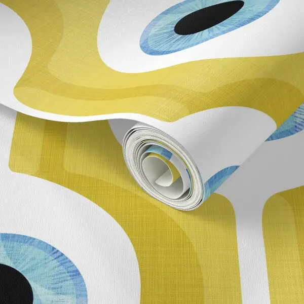 Spoonflower Eye Pod Yellow Blue Mid Century Modern Custom Removable Wallpaper - Yellow,blue,gray