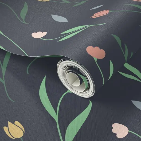 Spoonflower Leaves Flowers Flora Navy Blue Spring Custom Removable Wallpaper - Blue,gray,beige