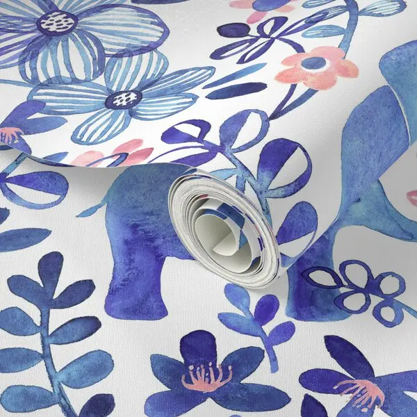 Spoonflower Little Purple Elephant Watercolor Floral White Custom Removable Wallpaper - Blue,white,gray