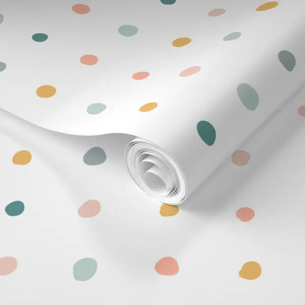 Spoonflower Rainbow Dots On White Custom Pre-pasted Wallpaper - White,pink,gray