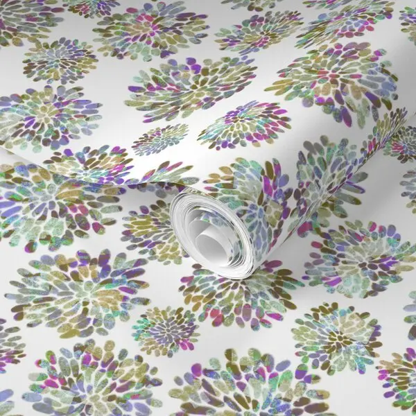 Spoonflower Green Kimono Chrysanthemum Garden Flowers Tossed Traditional Wallpaper - Sage,green,purple