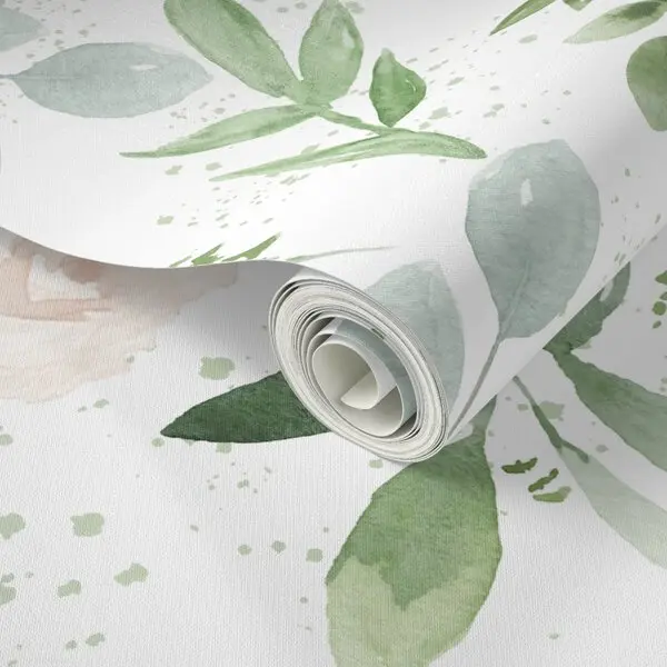 Spoonflower Watercolor Flowers Soft Pink Wedding Eucalyptus Custom Pre-pasted Wallpaper - Green,pink,gray