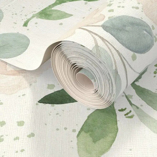 Spoonflower Watercolor Flowers Soft Pink Wedding Eucalyptus Custom Removable Wallpaper - Green,pink,gray