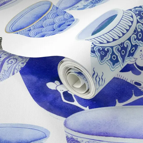 Spoonflower Blue And White Chinoiserie Porcelain Dragon Asian Custom Pre-pasted Wallpaper - Blue,purple
