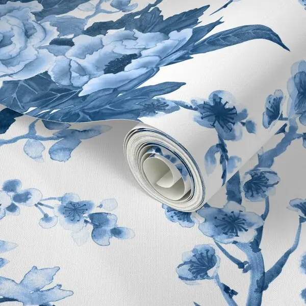 Spoonflower Flower White Vintage Blue Floral Japanese Summer Traditional Wallpaper - White,blue,indigo