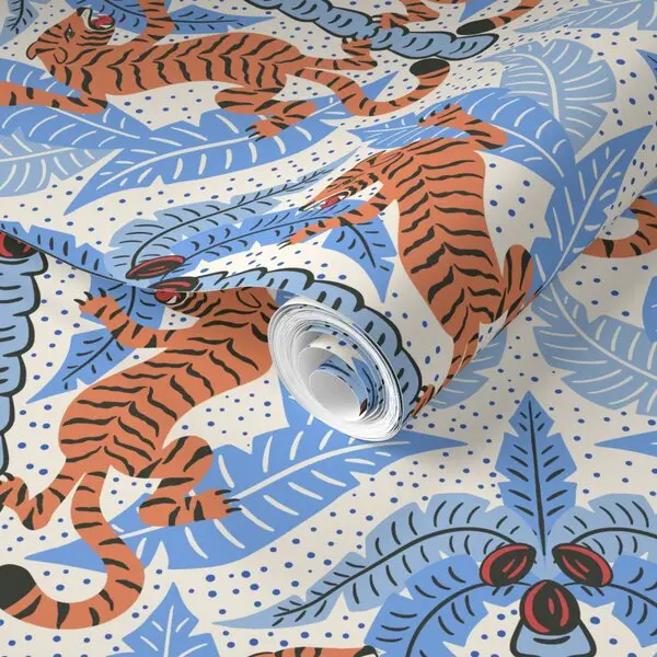 Spoonflower Tiger Damask Light Blue Orange Custom Pre-pasted Wallpaper - Blue,pink