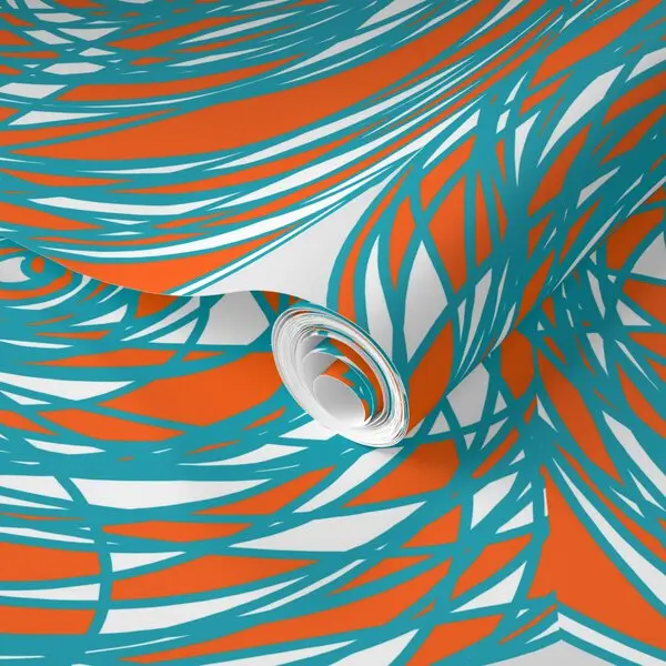 Spoonflower White Nature Orange Modern Turquoise Artist Shape Custom Removable Wallpaper - Orange,brown,green