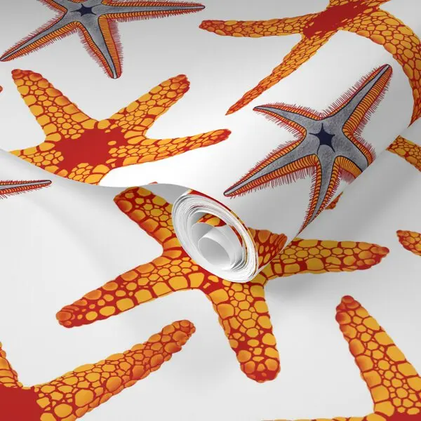 Spoonflower Star Fish On White Custom Pre-pasted Wallpaper - Gray,orange,red