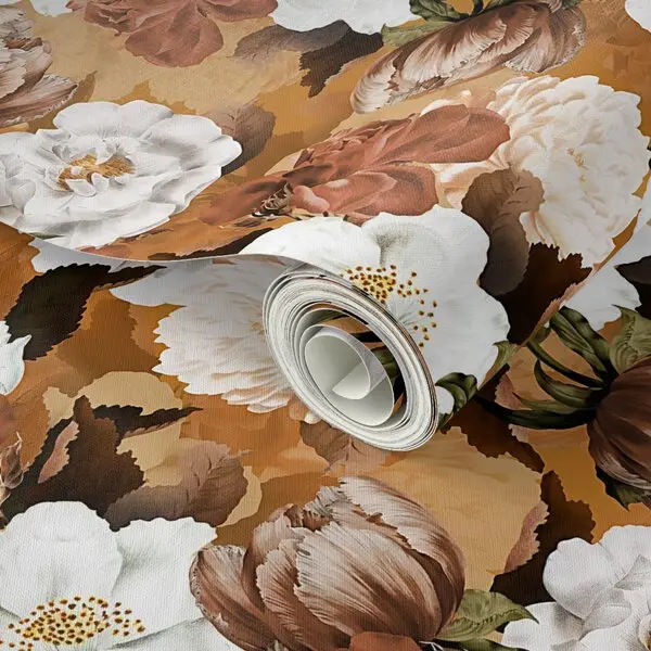 Spoonflower Shabby Chic Summer Flowers Vintage Roses Spring Custom Pre-pasted Wallpaper - Brown,gray,black