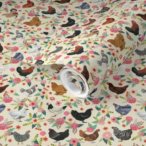 Spoonflower Beige Florals Chicken Breeds Custom Pre-pasted Wallpaper - Yellow,brown,beige