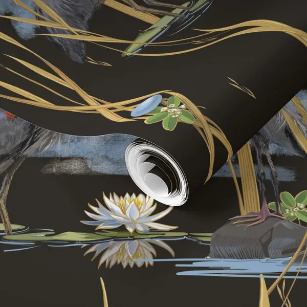 Spoonflower Birds Elegant Art Nouveau Classic Dragonflies Traditional Wallpaper - Beige,black,blue