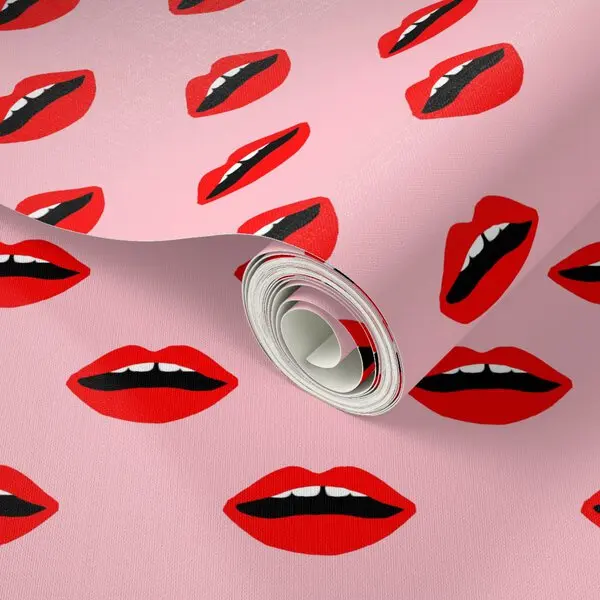 Spoonflower Red Lipstick Lips On Blush Custom Removable Wallpaper - Pink,red,black