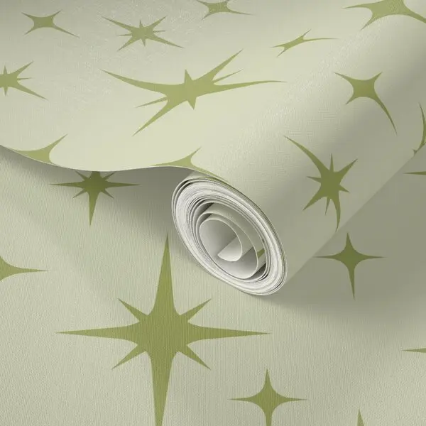 Spoonflower Vintage Green Star Retro 1950s Space Custom Pre-pasted Wallpaper - Green,sage