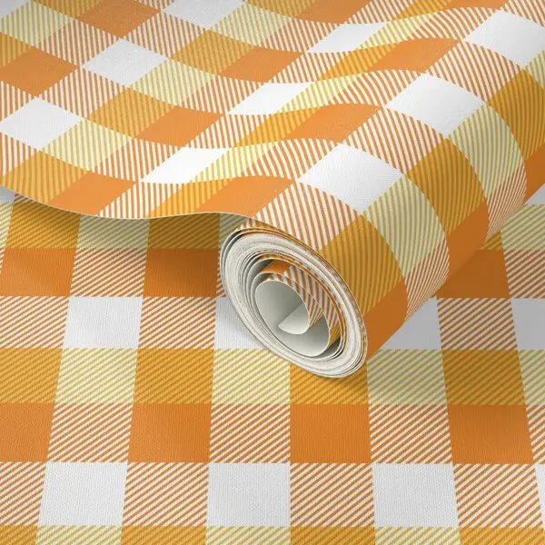 Spoonflower Yellow Plaid Orange Gingham Autumn Fall Tartan Traditional Wallpaper - Orange,white,brown