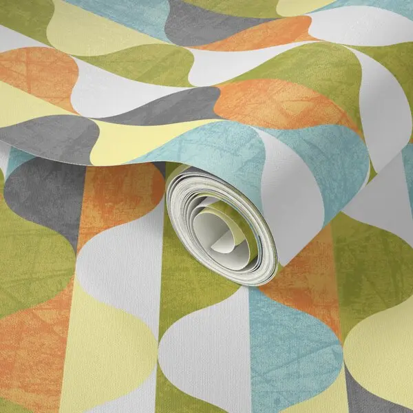 Spoonflower Geometric Abstract 60s Leaves Green Orange Custom Pre-pasted Wallpaper - Green,brown,blue