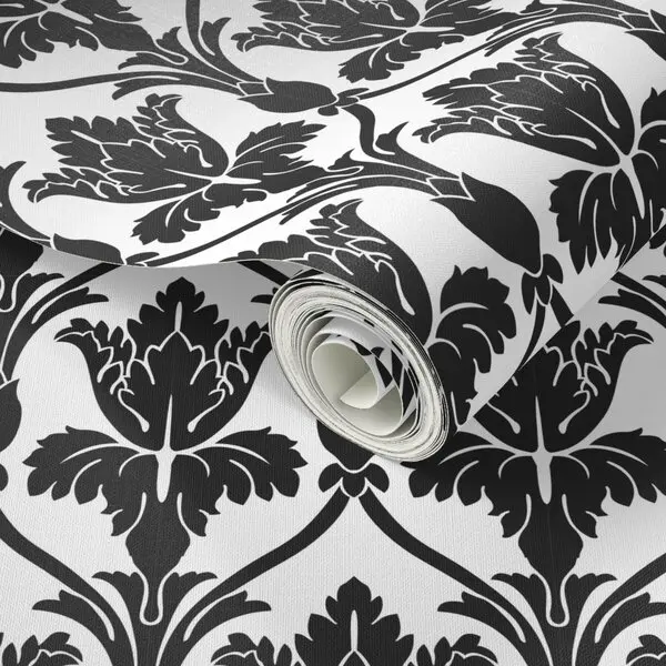 Spoonflower Damask Black And White Custom Removable Wallpaper - Black,white,gray