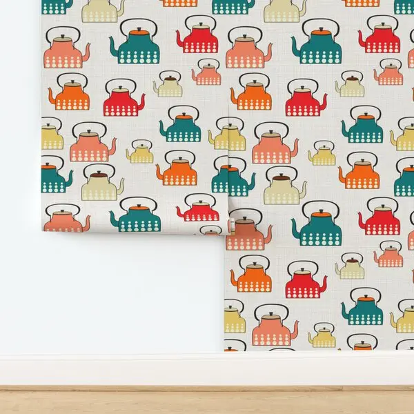 Spoonflower Teapots Kitchen Retro Modern Pattern Food Cute Tea Custom Pre-pasted Wallpaper