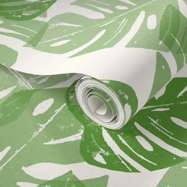 Spoonflower Monstera Leaf Leaves Plant Palm Tree Banana Custom Pre-pasted Wallpaper - Green,white