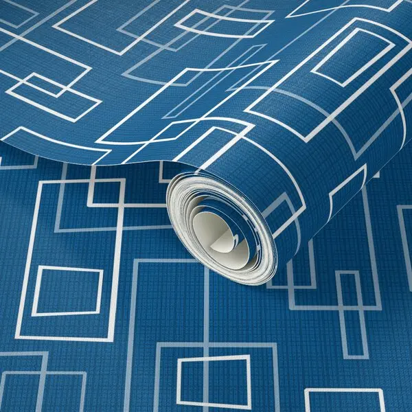 Spoonflower Geometric 60s Texture Atomic Mid Century Custom Pre-pasted Wallpaper - Blue