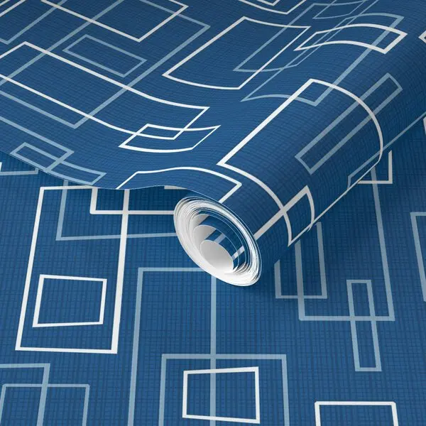 Spoonflower Geometric 60s Texture Atomic Mid Century Custom Pre-pasted Wallpaper - Blue