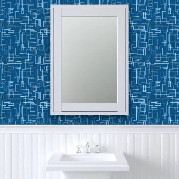 Spoonflower Geometric 60s Texture Atomic Mid Century Custom Pre-pasted Wallpaper - Blue