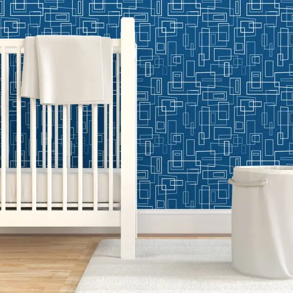 Spoonflower Geometric 60s Texture Atomic Mid Century Custom Pre-pasted Wallpaper - Blue