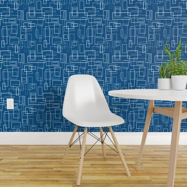 Spoonflower Geometric 60s Texture Atomic Mid Century Custom Pre-pasted Wallpaper - Blue