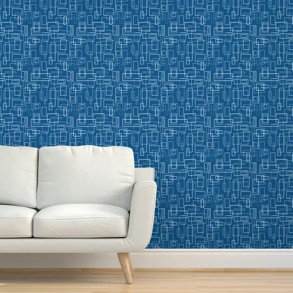 Spoonflower Geometric 60s Texture Atomic Mid Century Custom Pre-pasted Wallpaper - Blue
