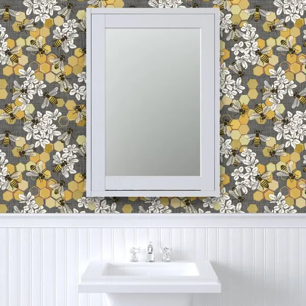 Spoonflower White Floral Nature Modern Yellow Insects Honey Custom Pre-pasted Wallpaper