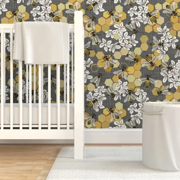 Spoonflower White Floral Nature Modern Yellow Insects Honey Custom Pre-pasted Wallpaper