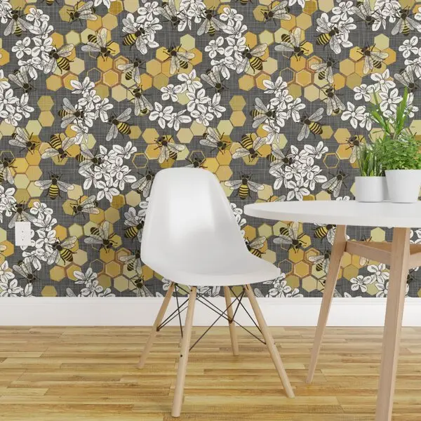Spoonflower White Floral Nature Modern Yellow Insects Honey Custom Pre-pasted Wallpaper