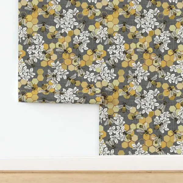 Spoonflower White Floral Nature Modern Yellow Insects Honey Custom Pre-pasted Wallpaper