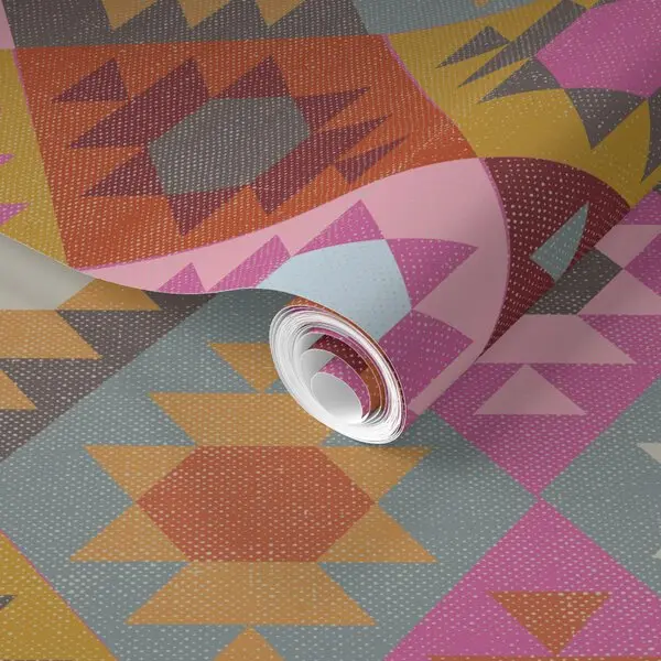 Spoonflower Kilim Pink Blue Geometric Southwestern Custom Removable Wallpaper - Pink,gray,brown