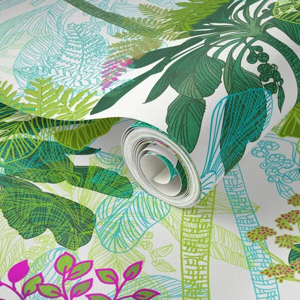 Spoonflower White Garden Tropical Hot Custom Pre-pasted Wallpaper - Green,pink,sage