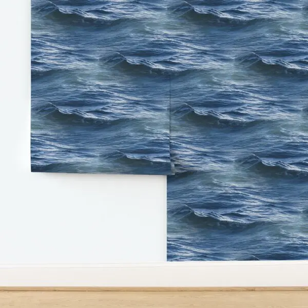 Spoonflower Ocean Water Sea Waves Nautical Aquatic Custom Pre-pasted Wallpaper