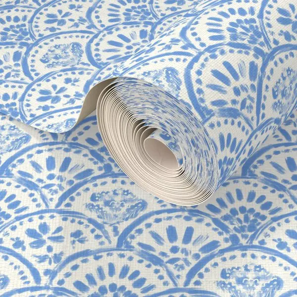 Spoonflower Chinese Chinz Scalloped Wave Mini 100% Natural Sisal Grasscloth Wallcovering - Blue