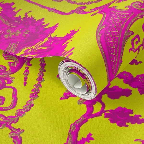 Spoonflower Chartreuse Punk Antique Victorian Damask Hot Pink Custom Removable Wallpaper - Green,pink,yellow