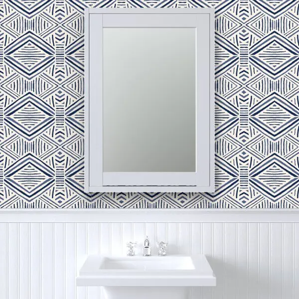 Spoonflower Boho Geometric Navy Blue Pen Diamond Custom Removable Wallpaper - Blue,gray,purple