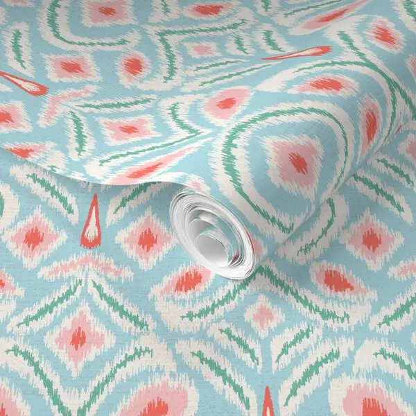 Spoonflower Blue Ikat Flower Custom Pre-pasted Wallpaper - Mint,pink,teal